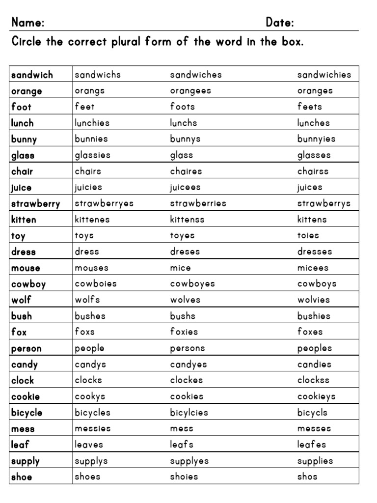 Name: Date: Circle The Correct Plural Form of The Word in The Box | PDF