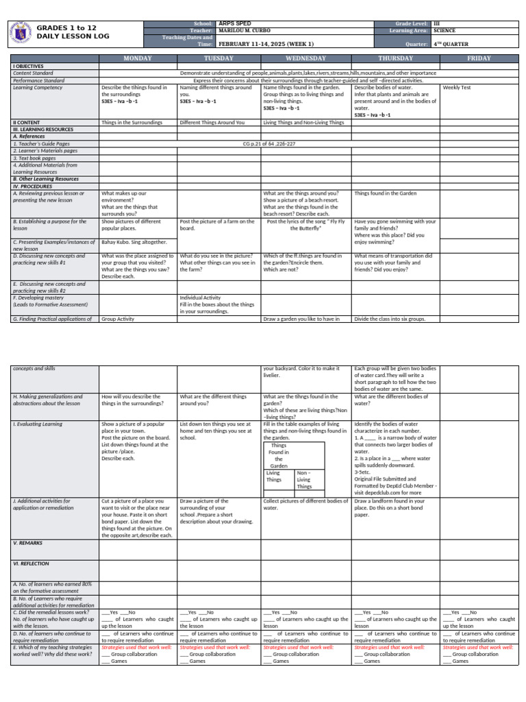 DLL - Science 3 - Q4 - W1 | PDF | Learning | Behavior Modification