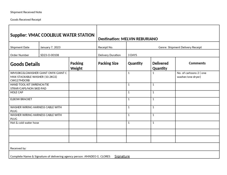 Shipment delivery receipt | PDF
