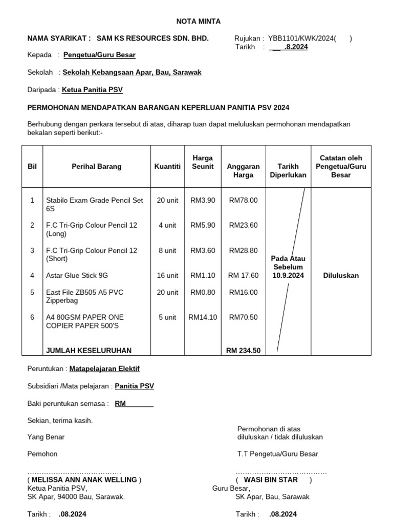 Nota Minta 2 - Panitia PSV 2024 | PDF