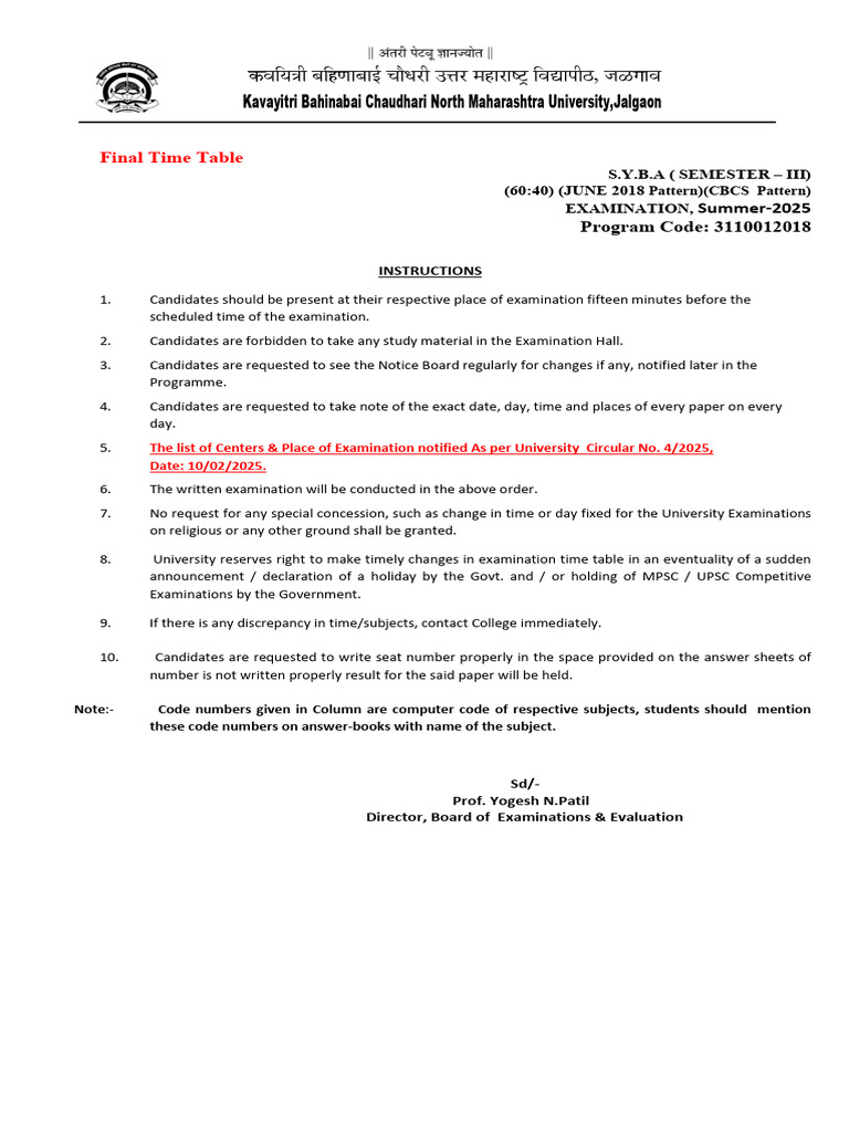 Final Time Table SYBA Sem-III CBCS Patter Exam Summer 2025 | PDF | Urdu