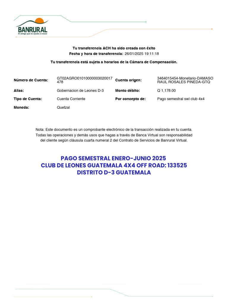 Comprobante Transferencia ACH Club 4x4 | PDF