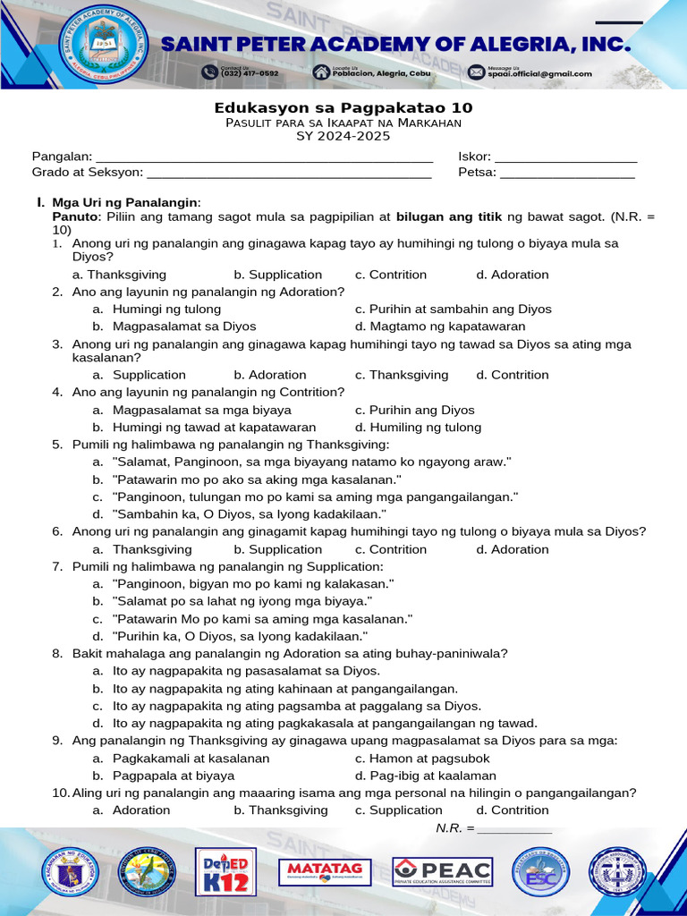EsP 10 - Fourth Quarter Exam | PDF