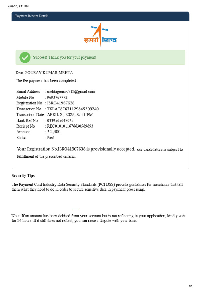 Isro Payment Gourav Receipt | PDF