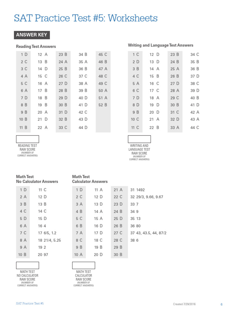 Sat Answer Key For Practice Test 5 | PDF | Standardized Tests | Tests