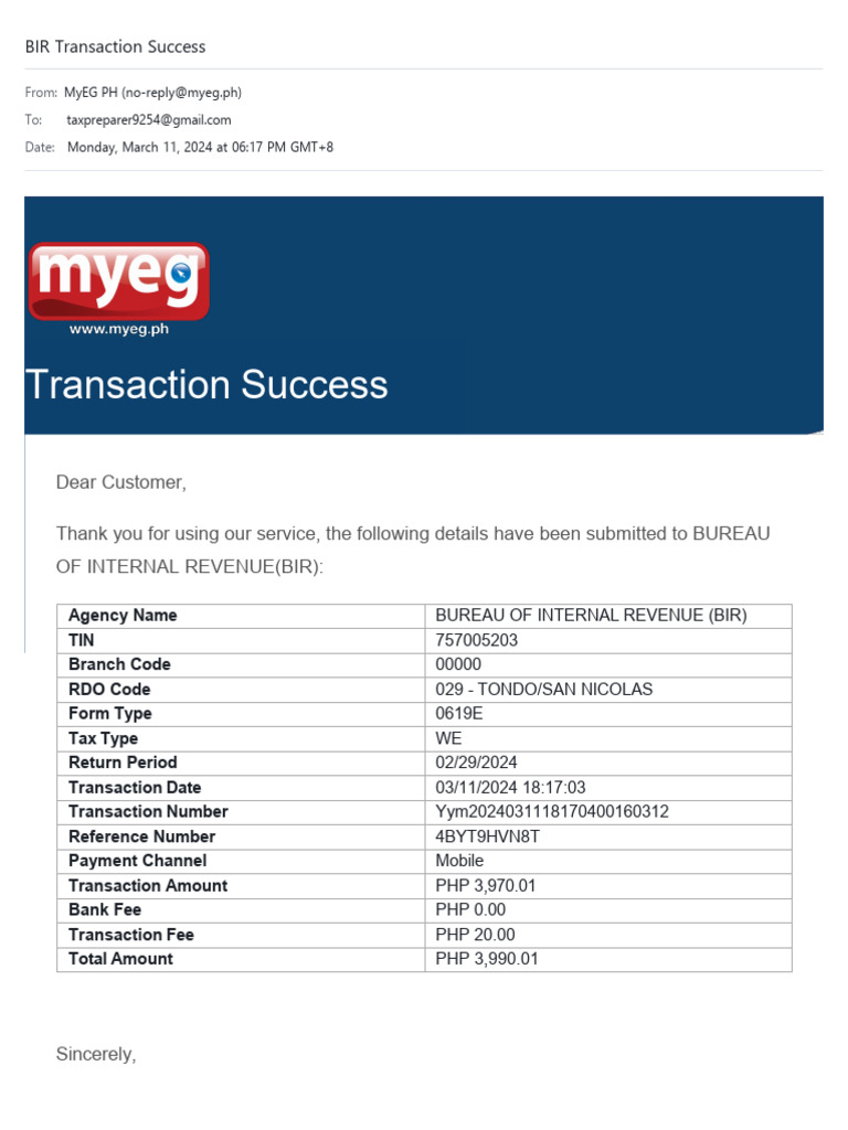 BIR Transaction Confirmation Receipt | PDF | Debit Card | Taxes