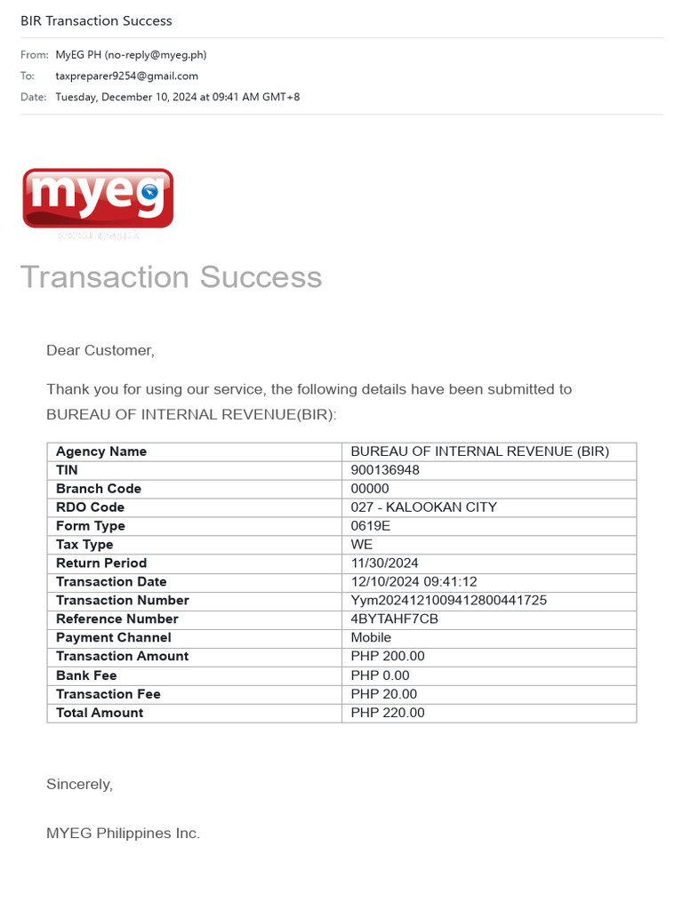 BIR Transaction Confirmation Details | PDF