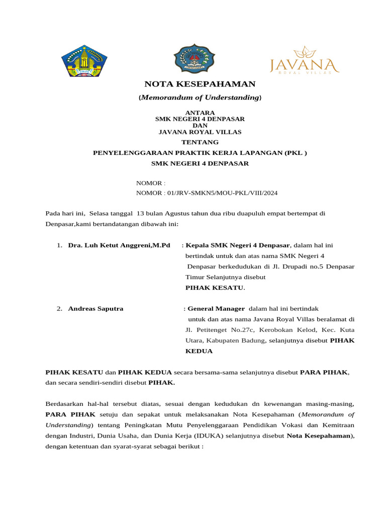 Fix NOTA KESEPAHAMAN JAVANA ROYAL VILLAS & SMKN 4 Denpasar 2024 | PDF