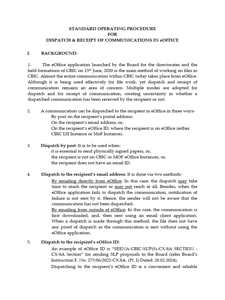 SOP For Dispatch and Receipt of Communication in E-Office | PDF ...