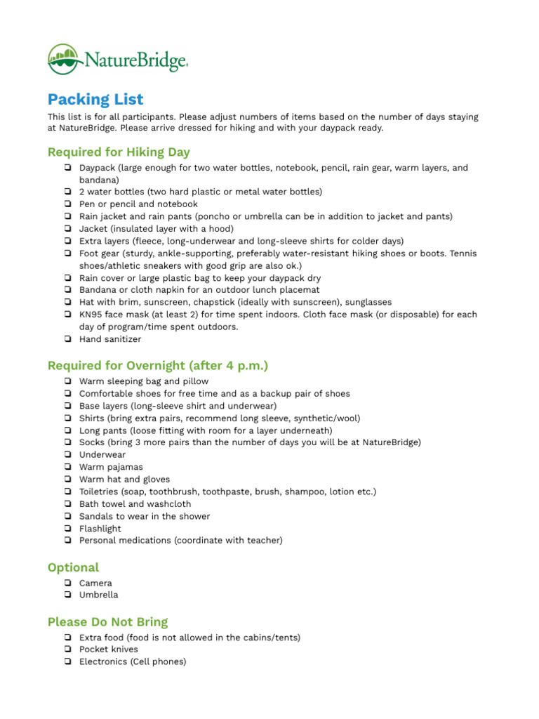 NatureBridge Packing Essentials | PDF