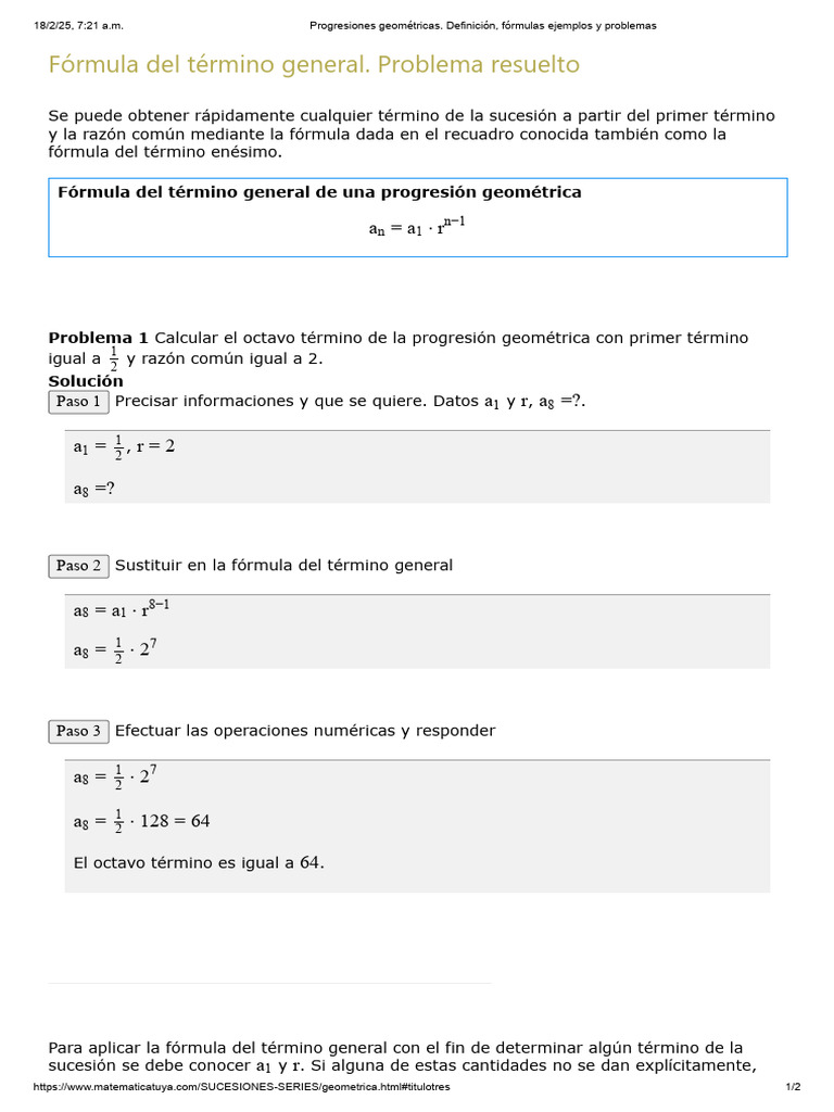 Progresiones Geométricas. Definición, Fórmulas Ejemplos y Problemas ...