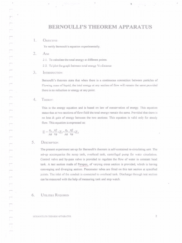 Bernoulli theorem experiment | PDF | Pump | Fluid Mechanics