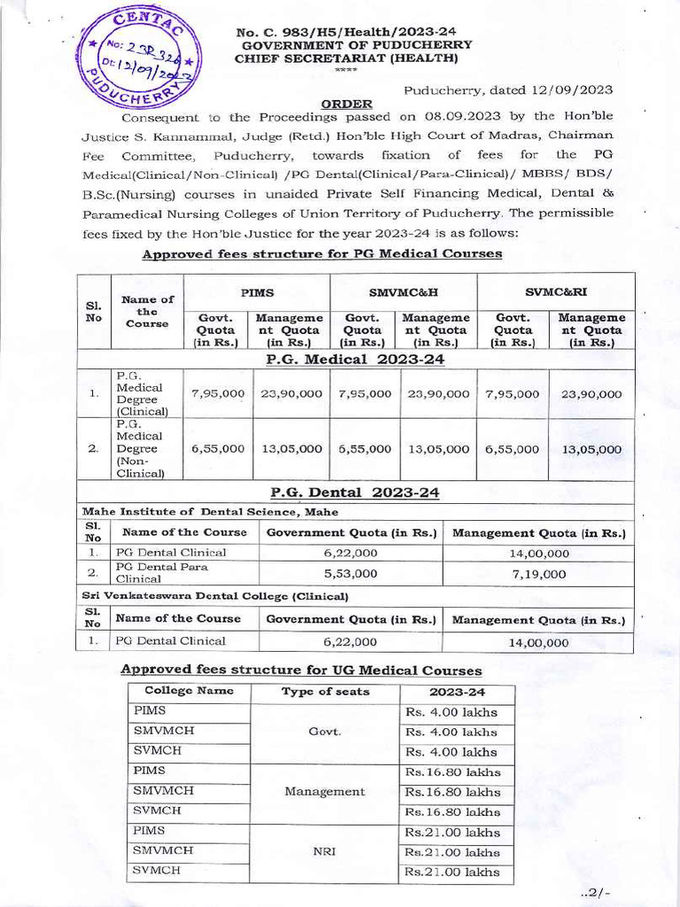 Fees Structure UG and PG - 2023 | PDF