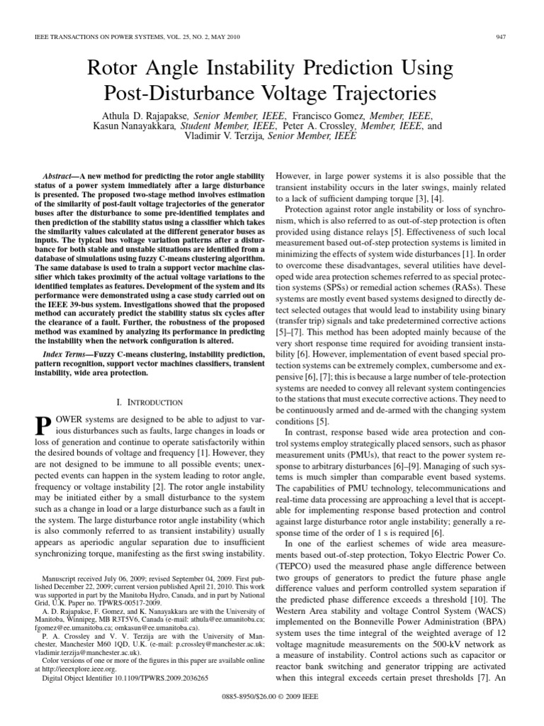 2010 - Rotor Angle Instability Prediction Using Post-Disturbance Voltage Trajectories | PDF ...