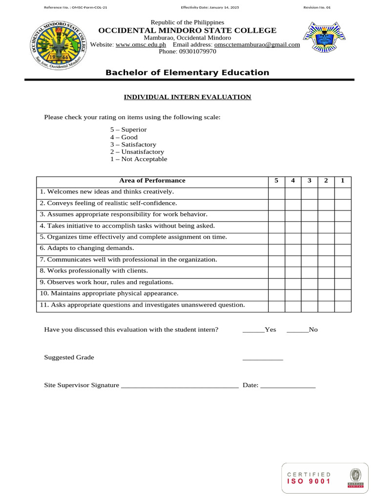 OMSC Form COL 21 Individual Intern Evaluation - Rev.01 | PDF