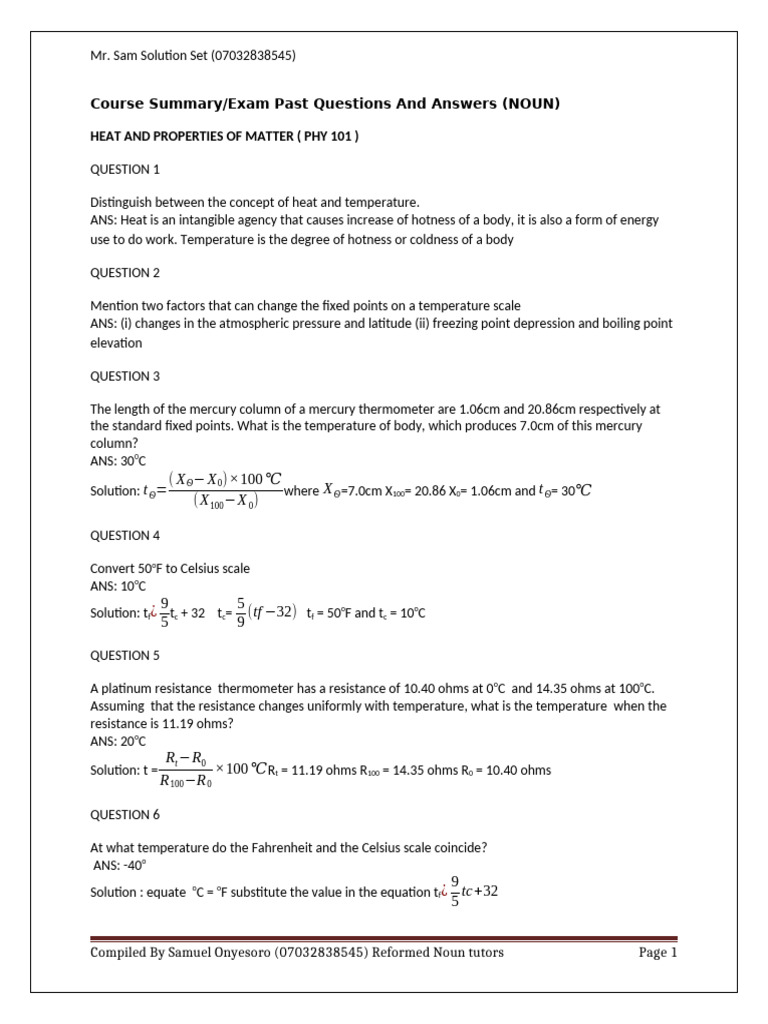 PHY 101 COURSE SUMMARY&Past Questions and Answers | PDF | Heat | Temperature