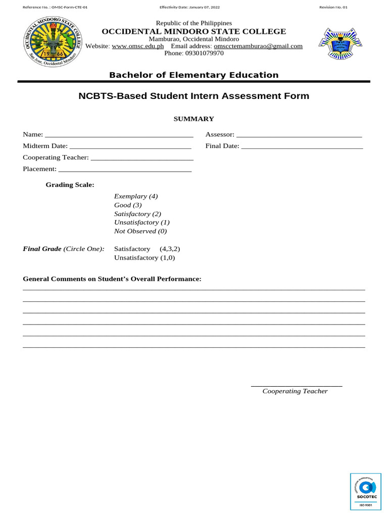 OMSC Form CTE 01 NCBTS Based Student Intern Assessment Form - Rev.01 | PDF