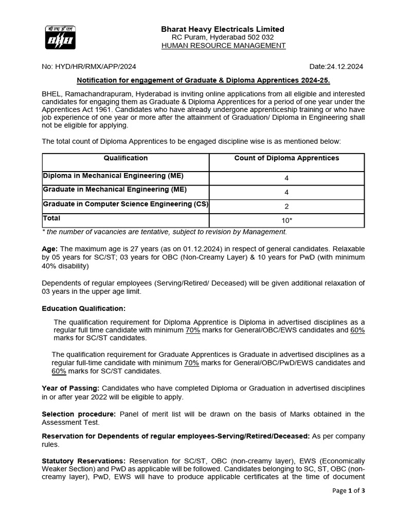Notification For Bhel Hyderabad Graduate and Diploma Apprentice Posts 677ca5b10b3b534291762 ...