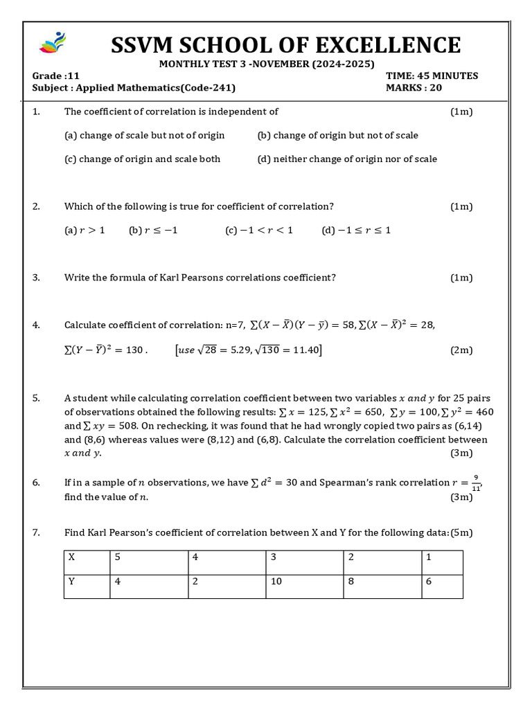 g11 - App - Math - QP - Monthly Test 3 | PDF | Data Analysis ...