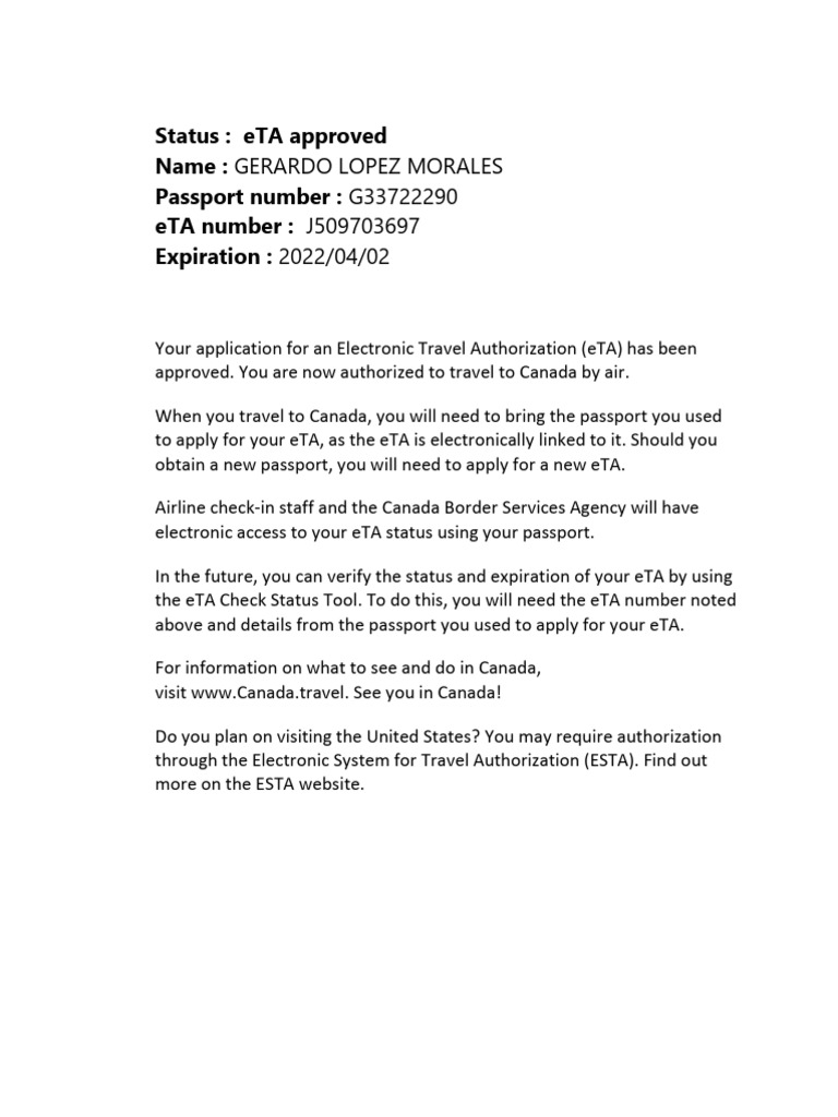 eTA Approval for Travel to Canada | PDF