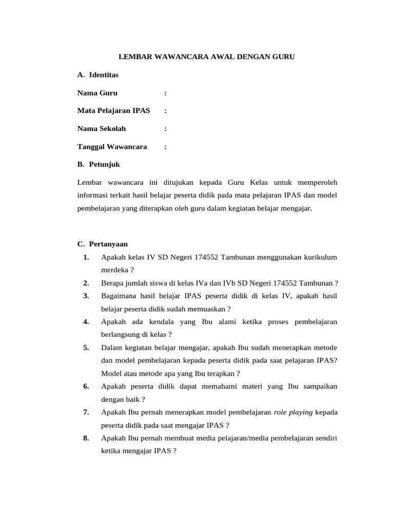 Lampiran Lembar Wawancara Guru | PDF