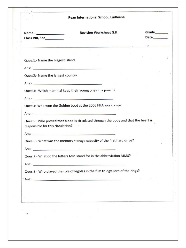 CBSE Class 8 General Knowledge Worksheet | PDF