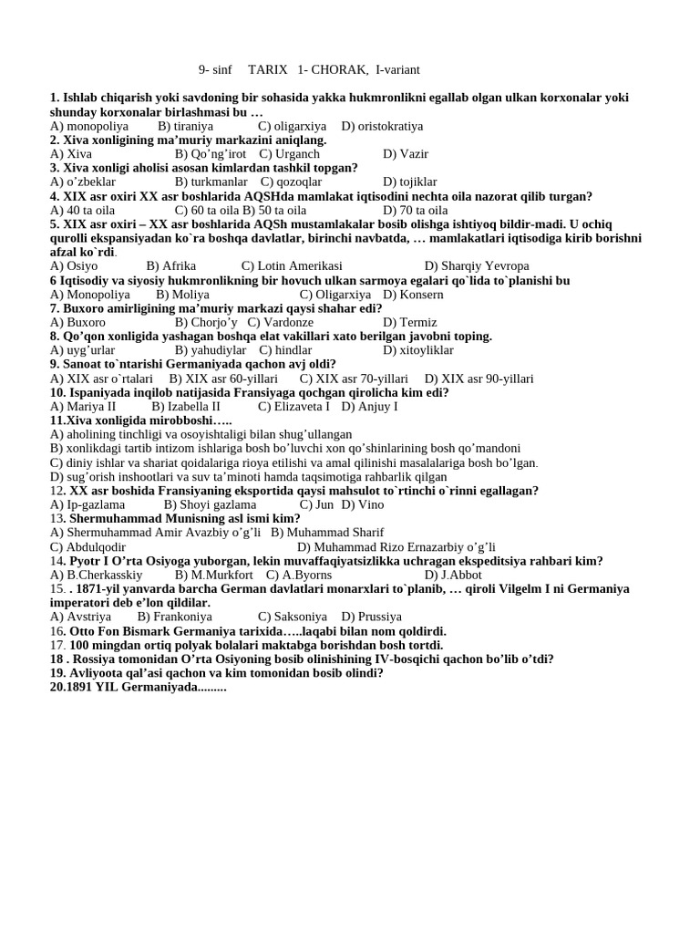 9- sinf tarix 1-2-3-4-chorak | PDF