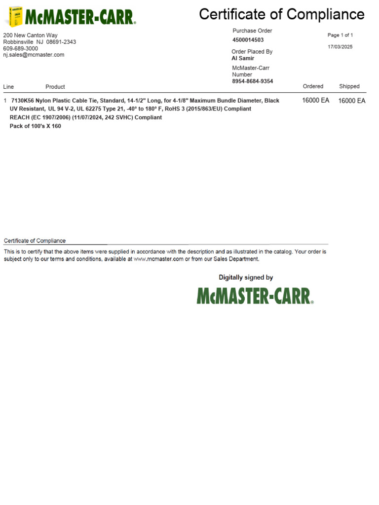 McMaster-Carr Order Confirmation | PDF