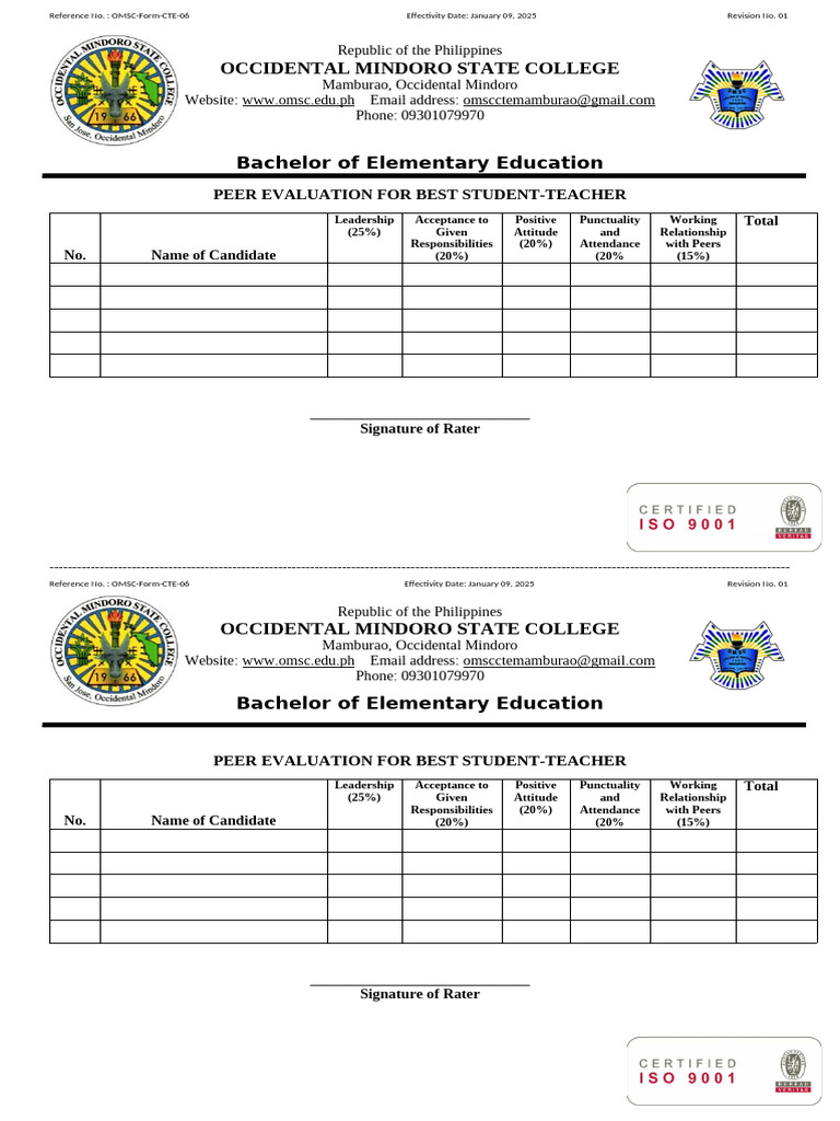 OMSC Form CTE 06 Peer Evaluation Student Teachers - Rev.01 | PDF