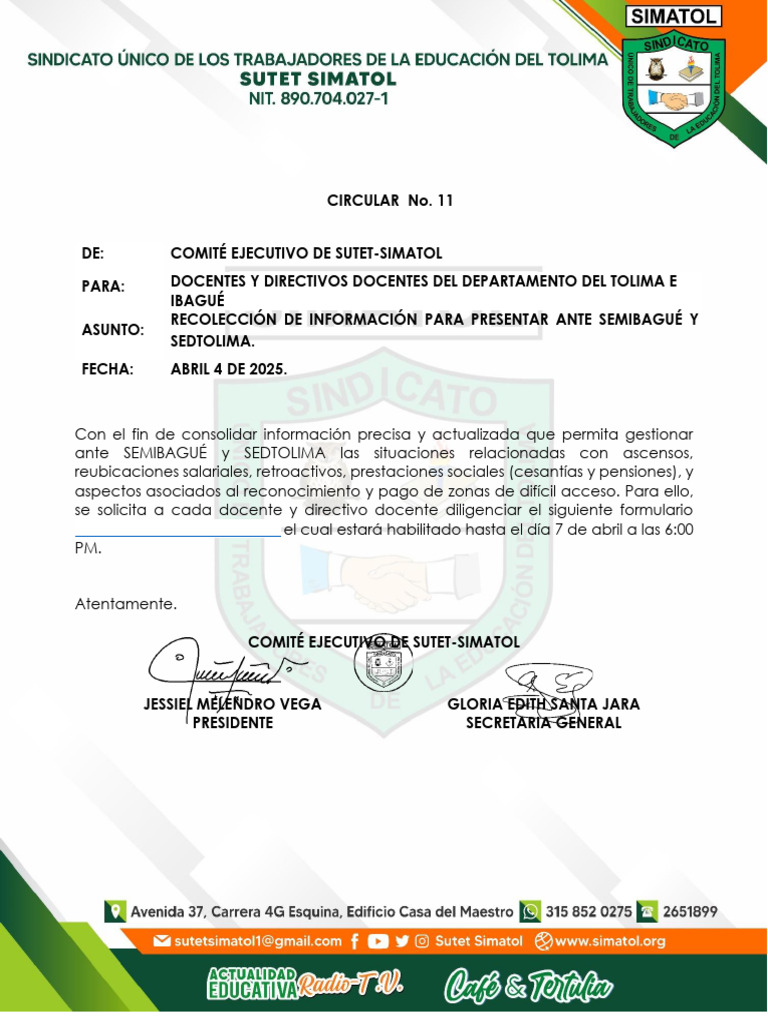 Circular No. 11 de SUTET SIMATOL Abril 4 de 2025 | PDF