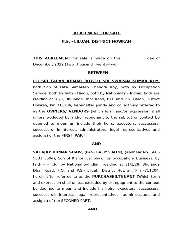 AGREEMENT FOR SALE (Edited 28.12.22) Tapan Kumar Roy | PDF | Leasehold Estate | Lease