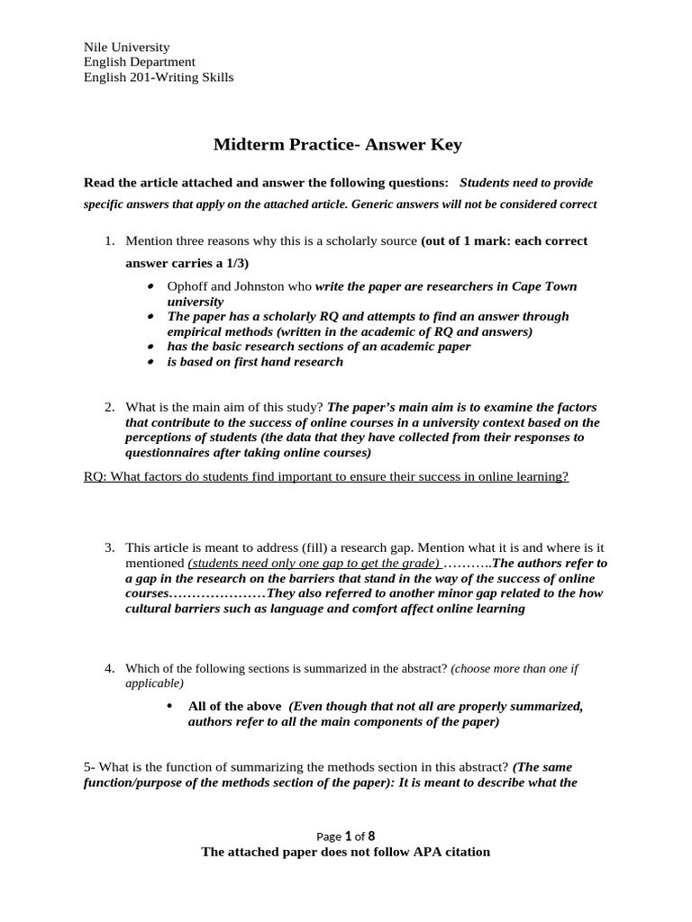 Midterm Answer Key for English 201 Writing Skills | PDF | Quantitative Research | Qualitative ...