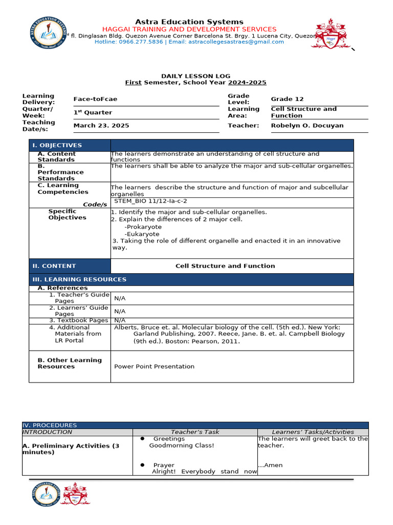 Grade 12 Daily Lesson Log: Cell Structure | PDF | Endoplasmic Reticulum ...