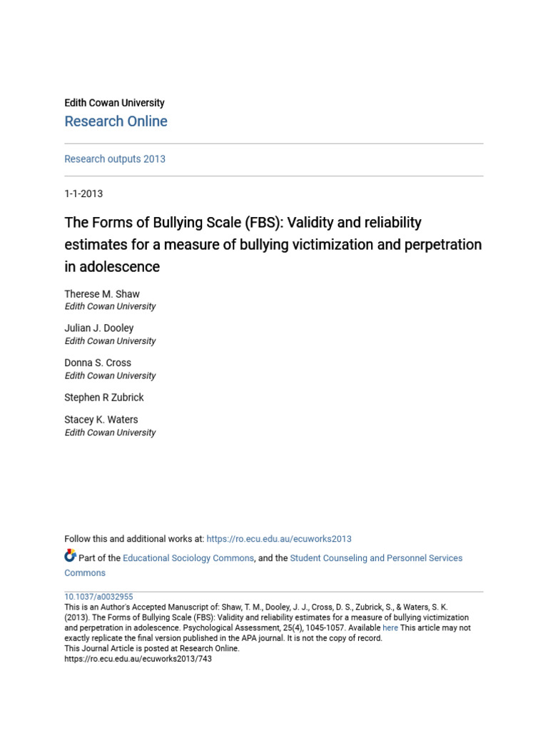 The Forms of Bullying Scale (FBS) - Validity and Reliability Estim | PDF