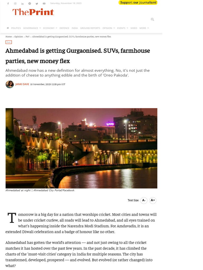 Class 3. Ahmedabad Is Getting Gurgaonised. SUVs, Farmhouse Parties, New Money Flex | PDF