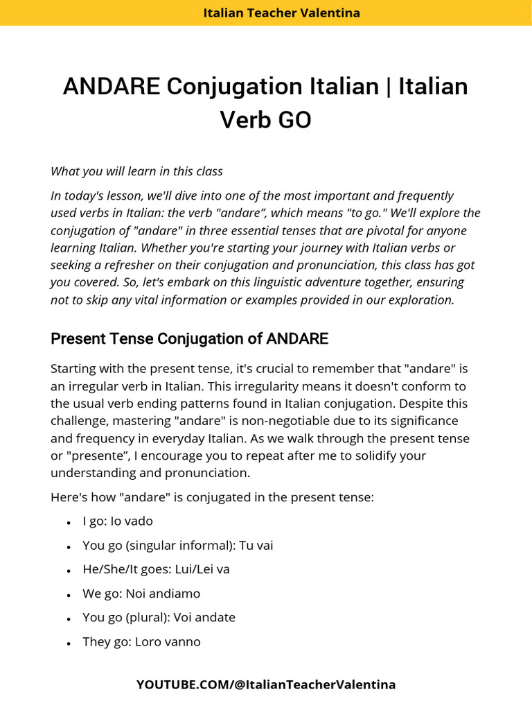 Conjugating "Andare" in Italian Verbs | PDF | Grammatical Tense ...