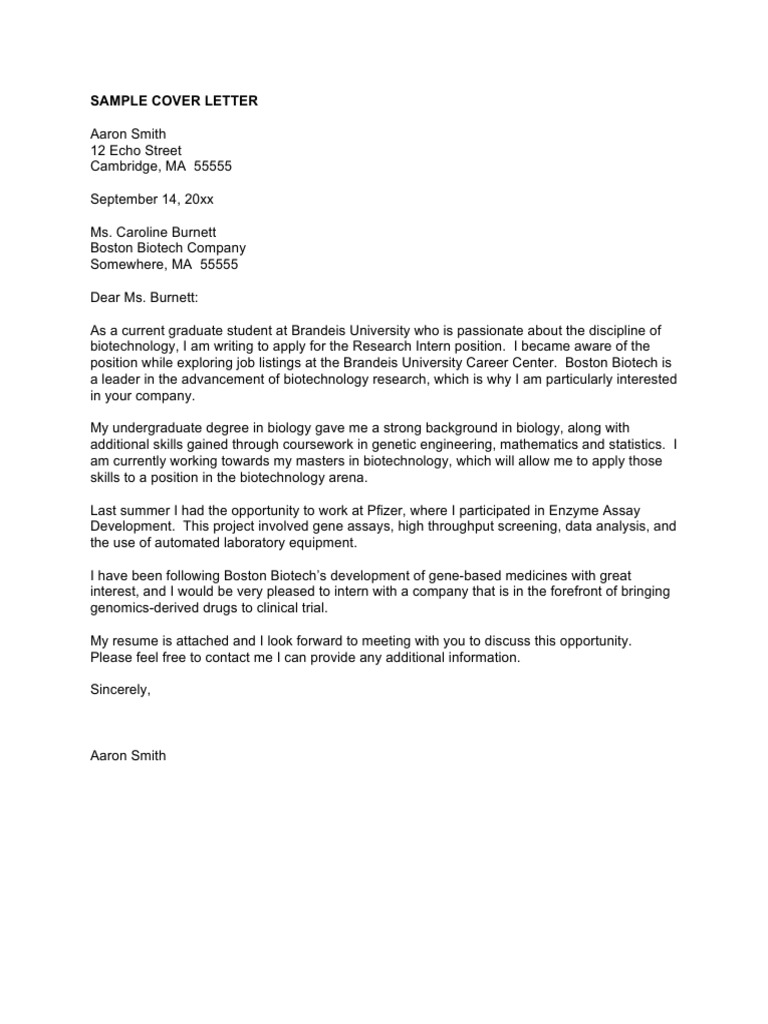 Biotech Internship Cover Letter Sample | PDF