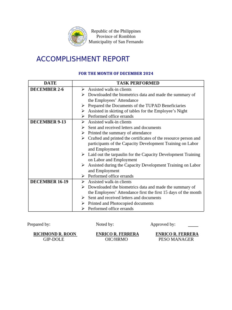 December Accomplishment Report | PDF