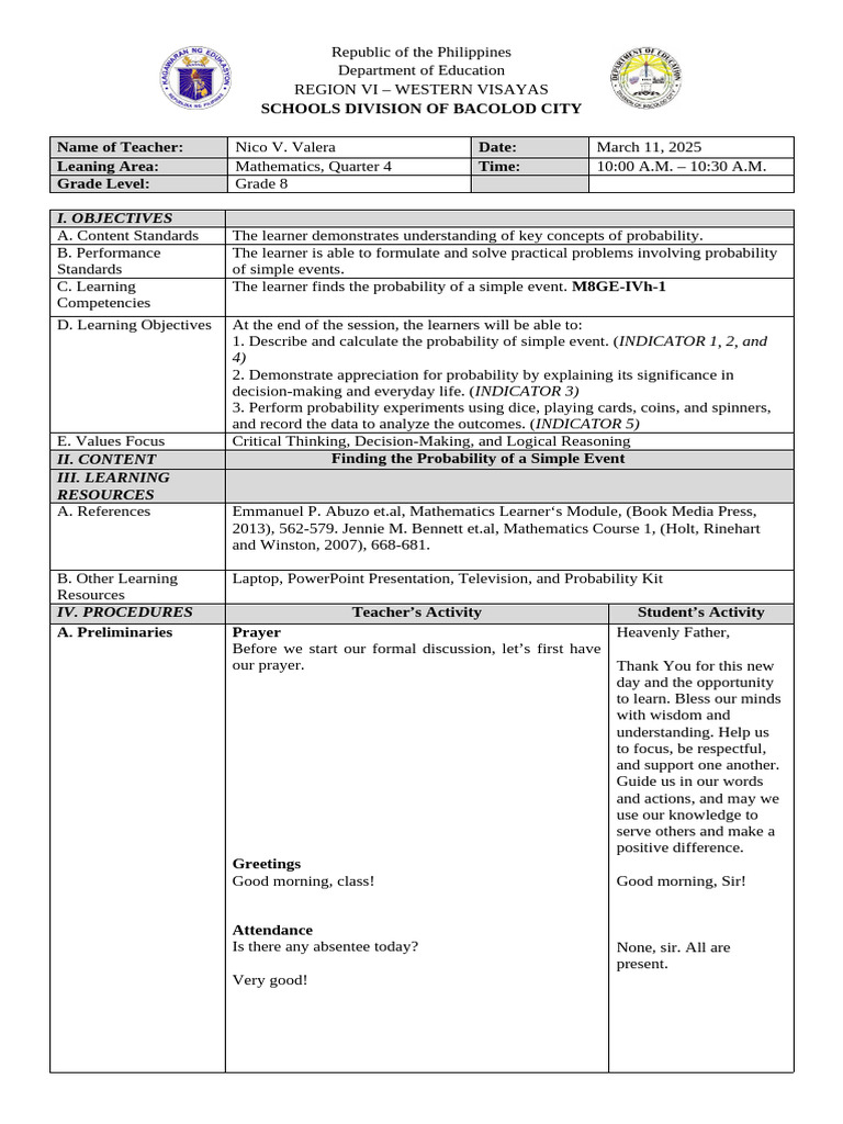 Math 8 Probability Demonstration 2 | PDF | Odds | Probability