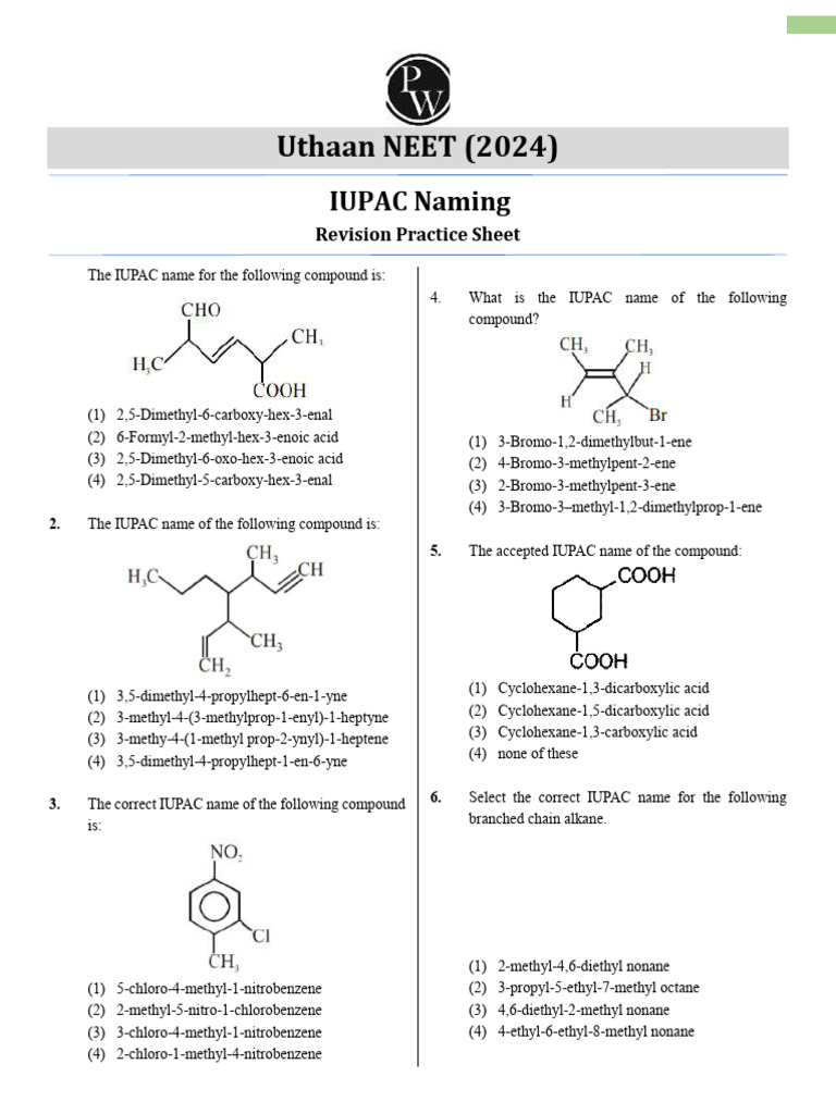 IUPAC Naming : Practice Sheet || Uthaan NEET 2024 | PDF | Methyl Group | Organic Chemistry