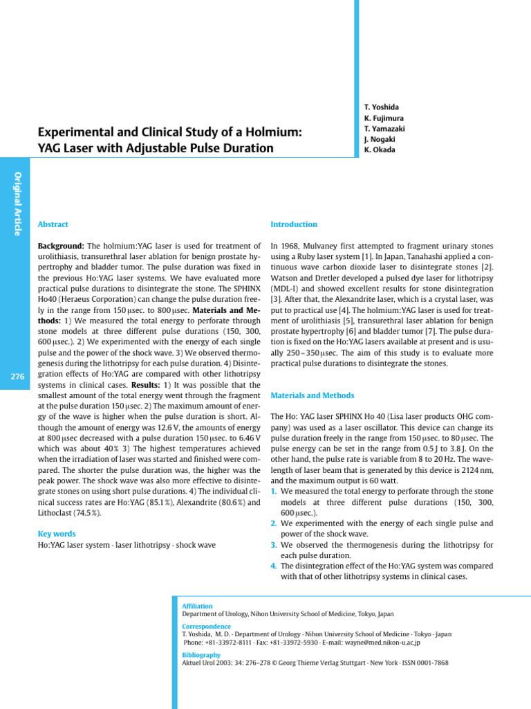 Experimental and Clinical Study of A Holmium Yag Laser With Adju 2003 ...