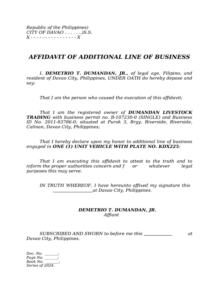 Add - Line of Business-Basco | PDF | Affidavit | Legal Procedure