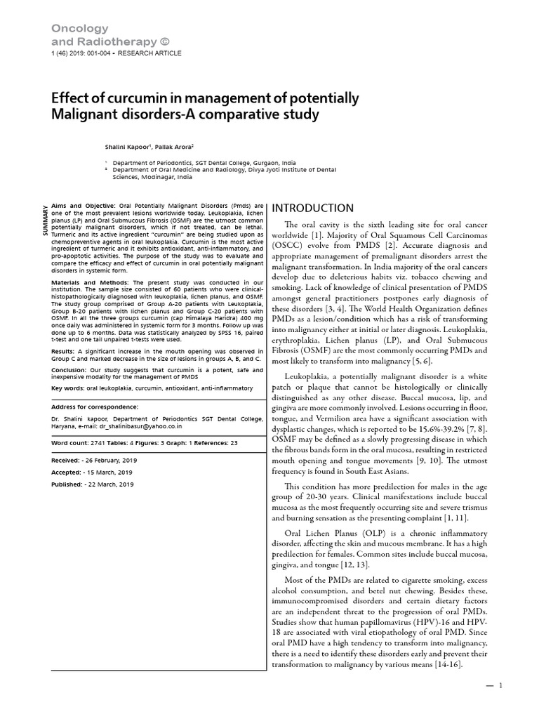 Effect of Curcumin in Management of Potentiallymalignant Disordersa ...