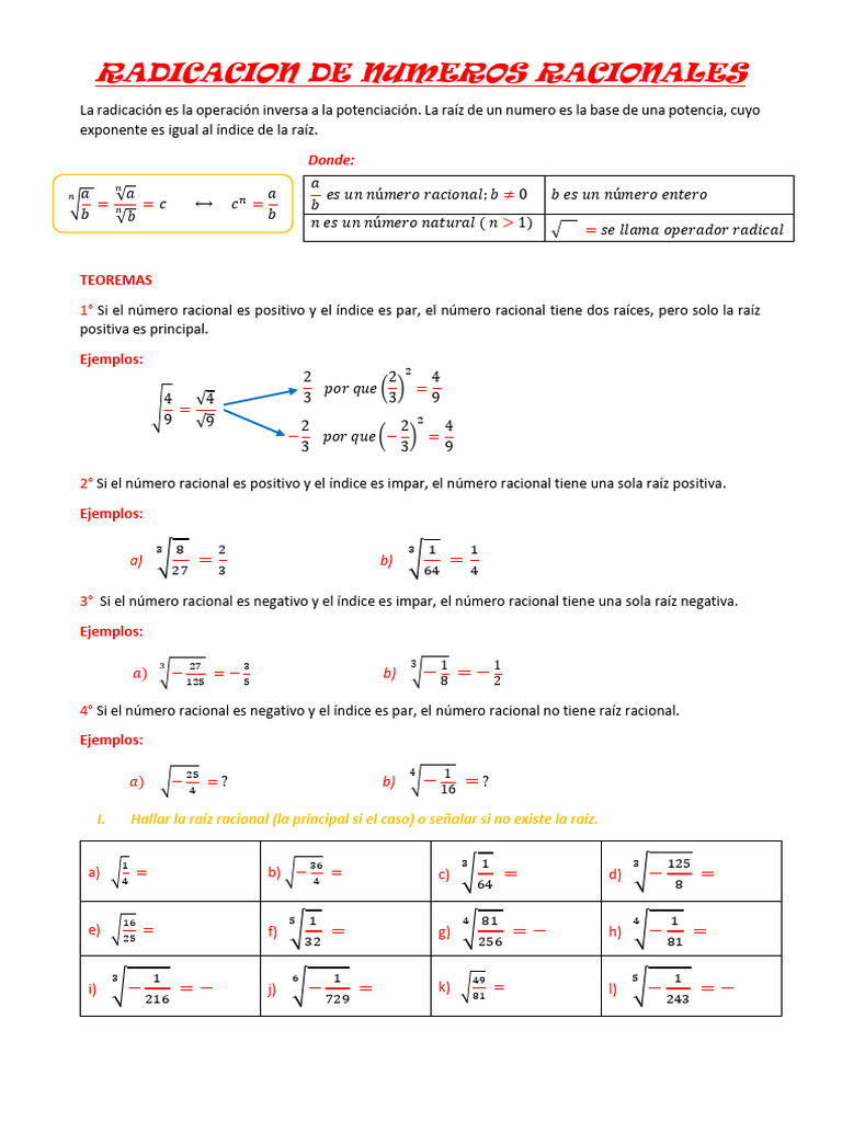 Radicacion de Numeros Racionales - 2° Sec. | PDF | Raíz cuadrada | Exponenciación