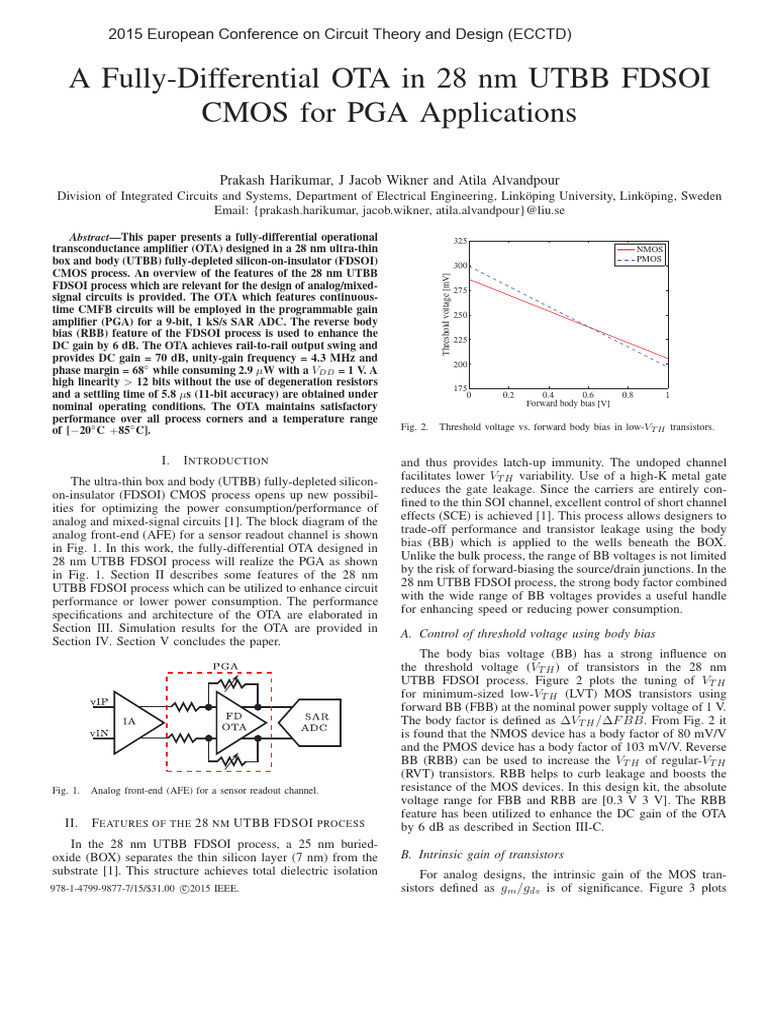 A Fully-Differential OTA in 28 NM UTBB FDSOI CMOS For PGA Applications | PDF | Mosfet | Analog ...