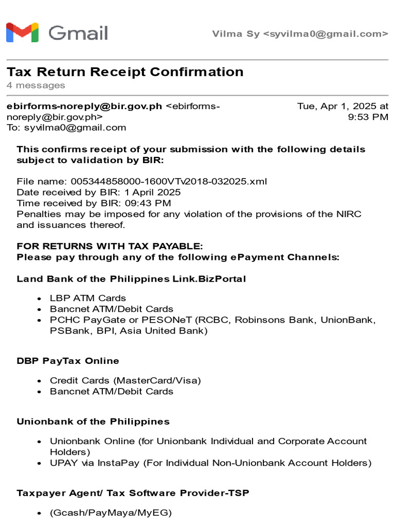 Gmail - Tax Return Receipt Confirmation | PDF | Debit Card | Receipt