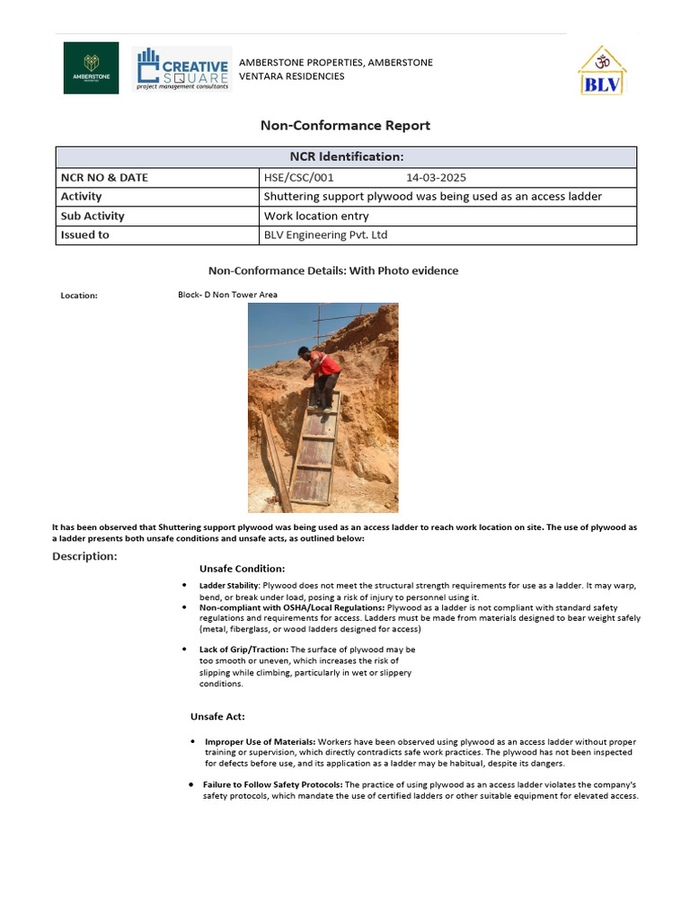 NCR-001 Hse PMC - 14-03-2025 | PDF | Safety | Ladder