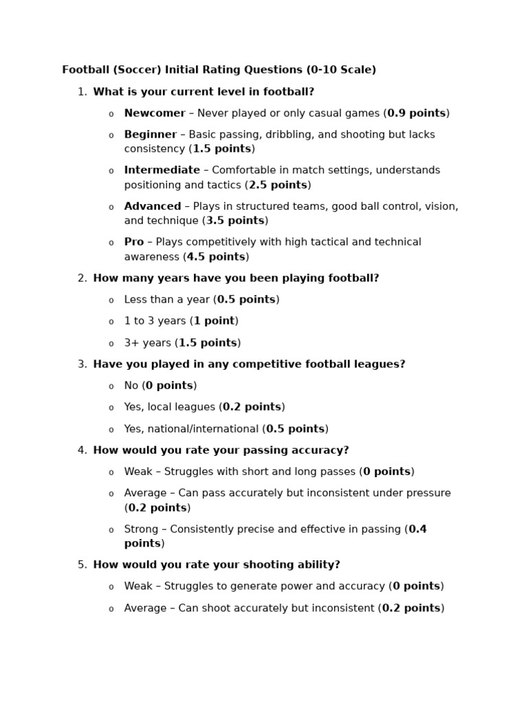 Football Skill Level Assessment Quiz | PDF