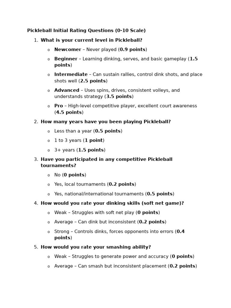 Pickleball Skill Rating Questionnaire | PDF