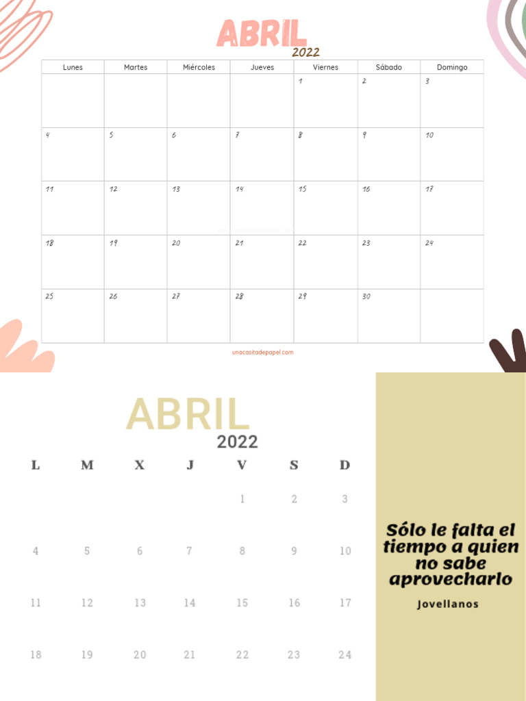 Calendario Abril 2022 UnacasitaDePapel | PDF
